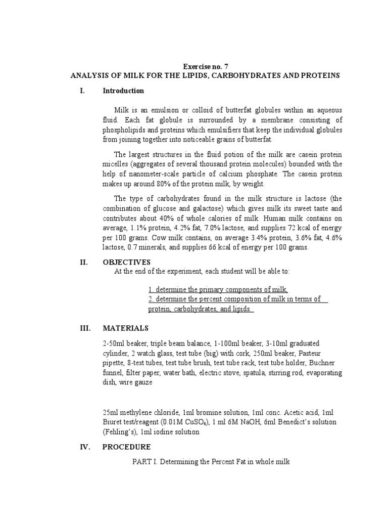 Exercise No. 7 Analysis of Milk For The Lipids, Carbohydrates and ...
