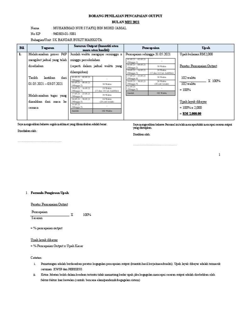 Borang Penilaian Pencapaian Output MySTEP - Muhammad Nur Syafiq (Mei 2021) | PDF