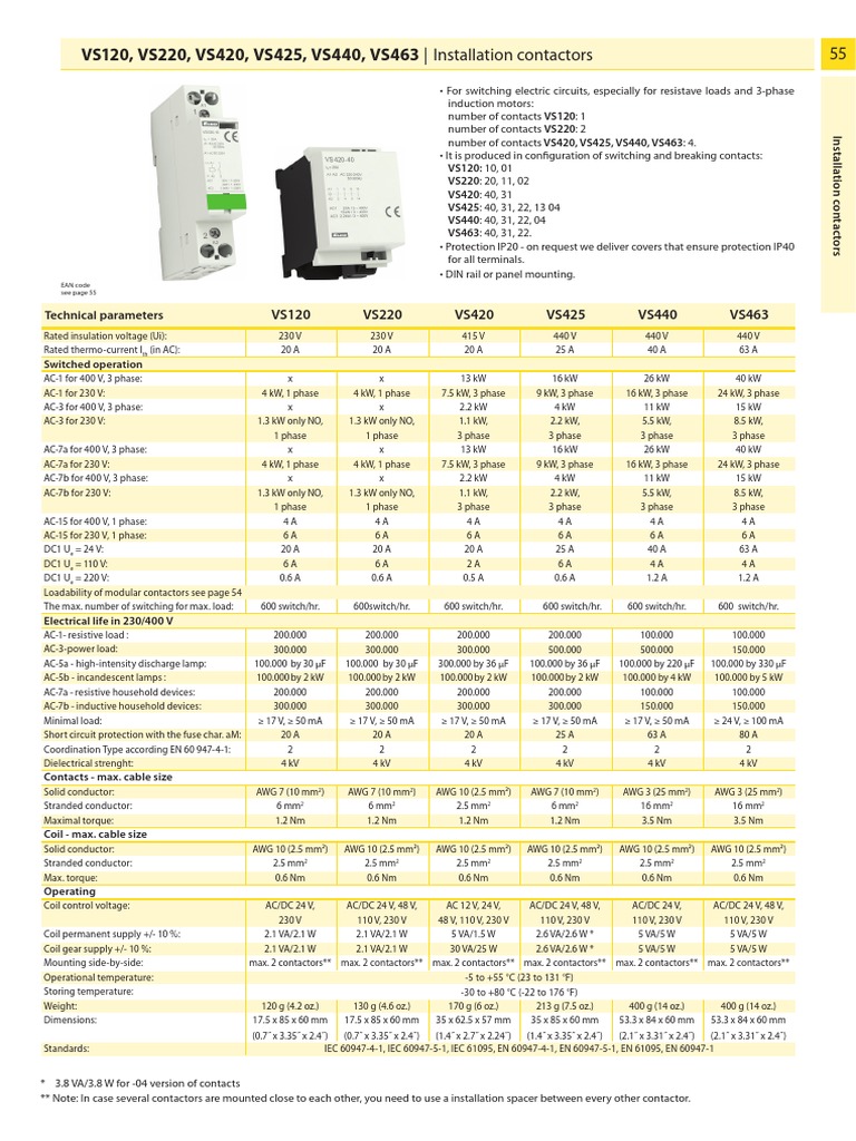 VS120, VS220, VS420, VS425, VS440, VS463 - Installation Contactors ...