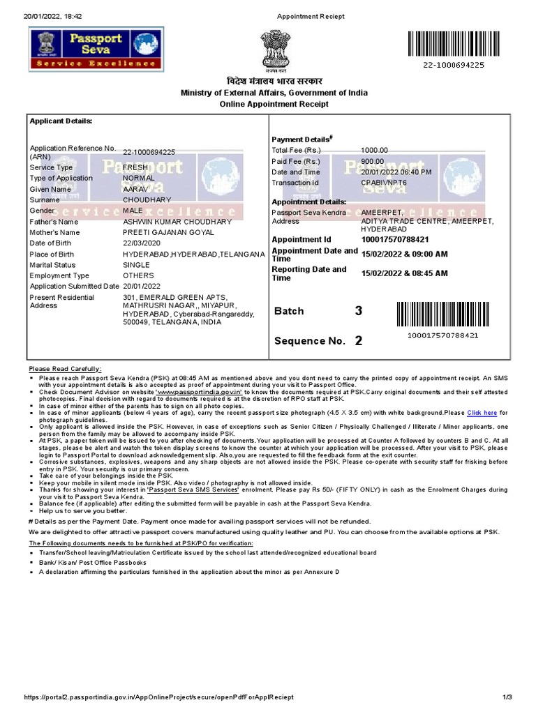 Appointment Reciept AARAV | PDF | Identity Document | Birth Certificate