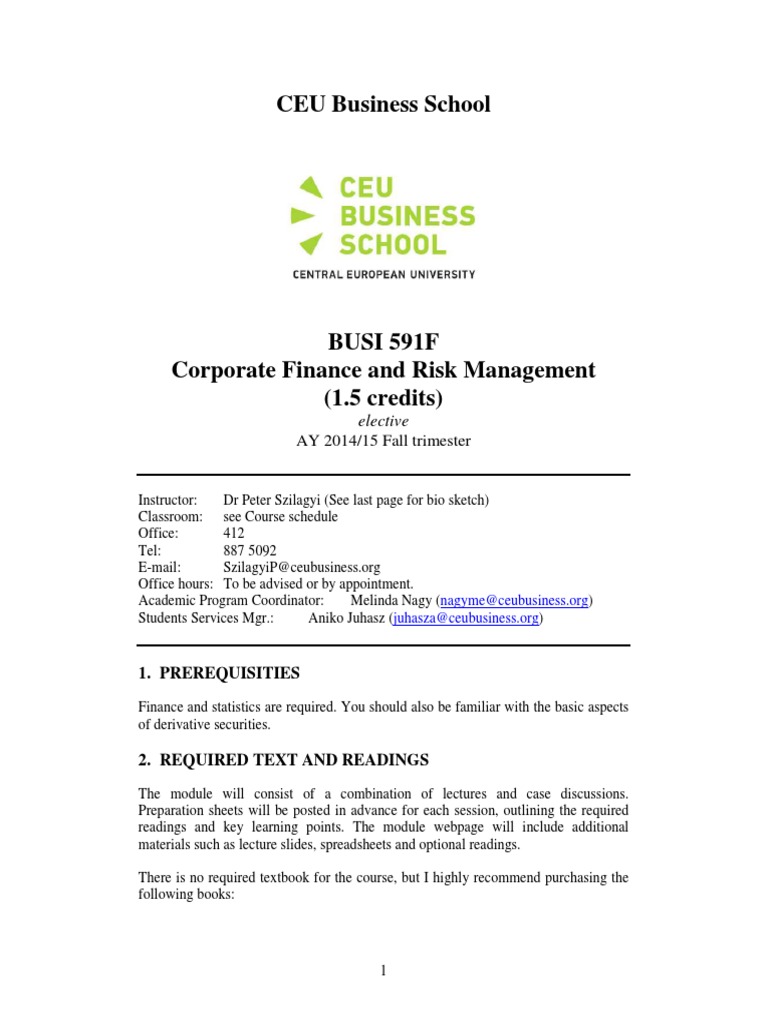 Syllabus-Corporate Finance Risk Management | PDF | Risk | Critical Thinking