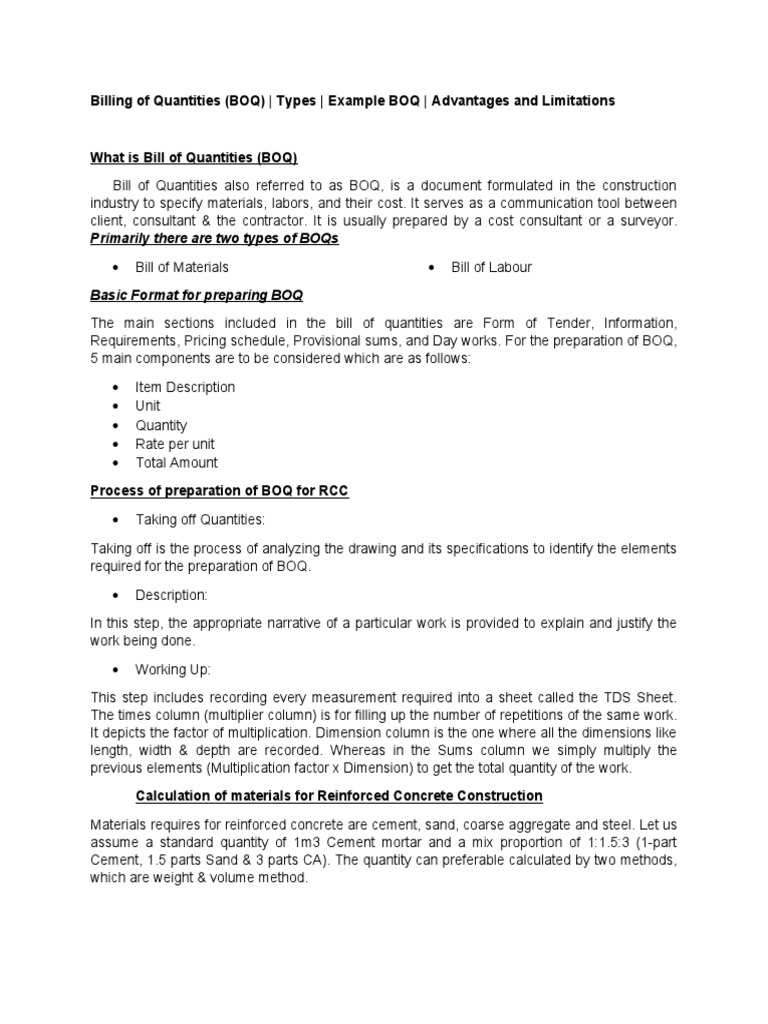 Billing of Quantities (BOQ) - Types - Example BOQ - Advantages and ...