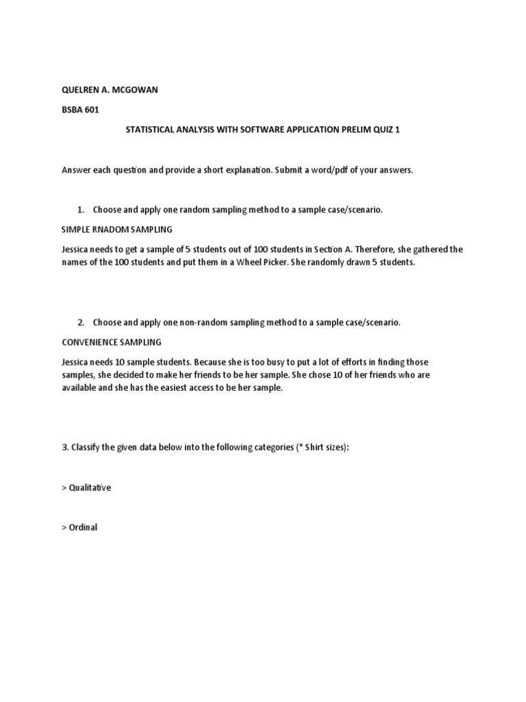 Statistical Analysis With Software Application Prelim Quiz 1 PDF