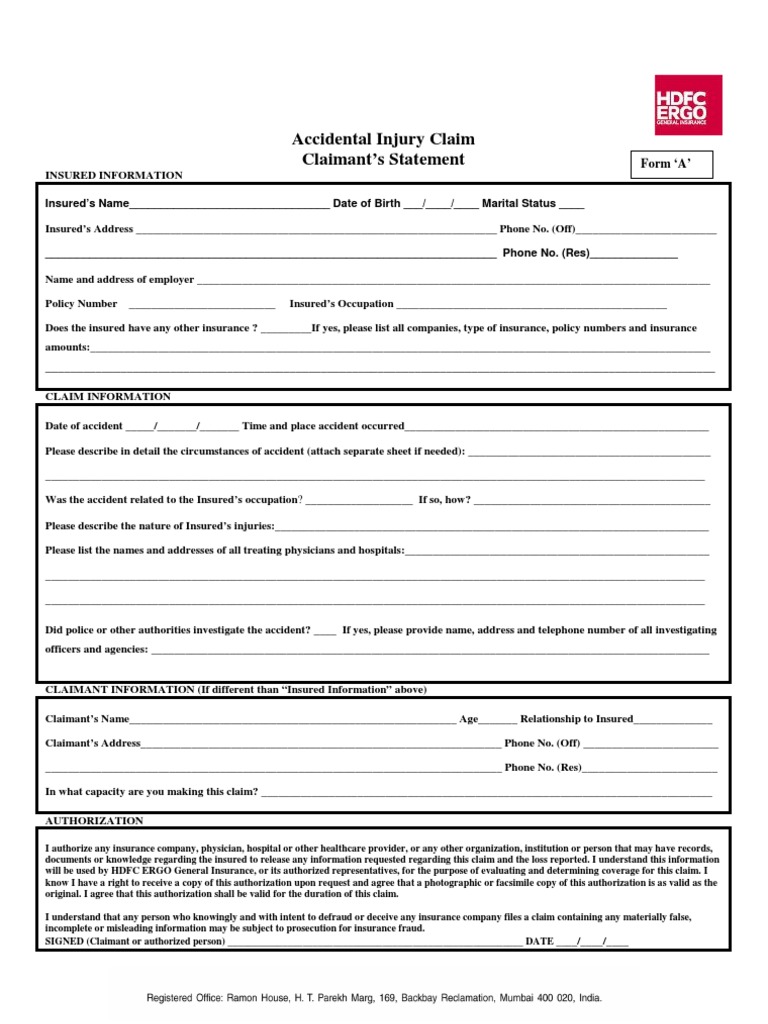 Accidental Injury Claim Claimant's Statement: Form A' | PDF | Insurance ...