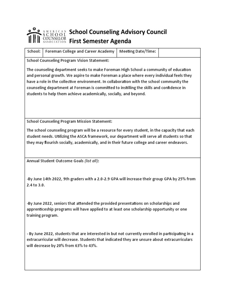 Advisory Council First Semester Agenda 1 | PDF | School Counselor | Change