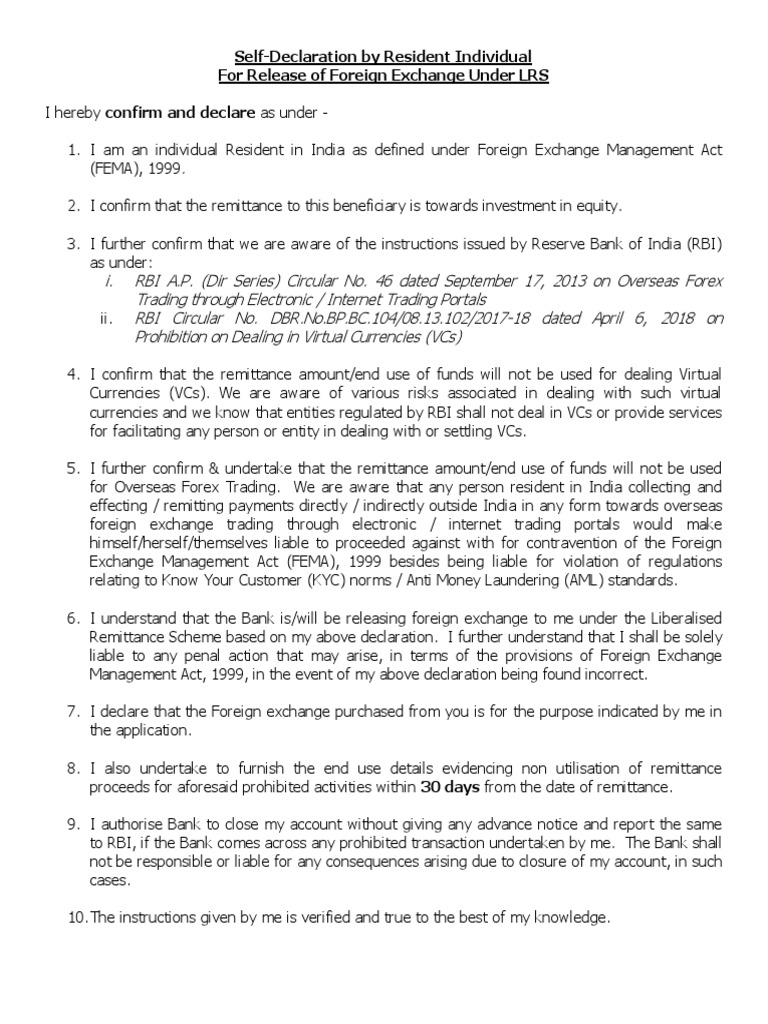 Self-Declaration by Resident Individual For Release of Foreign Exchange ...