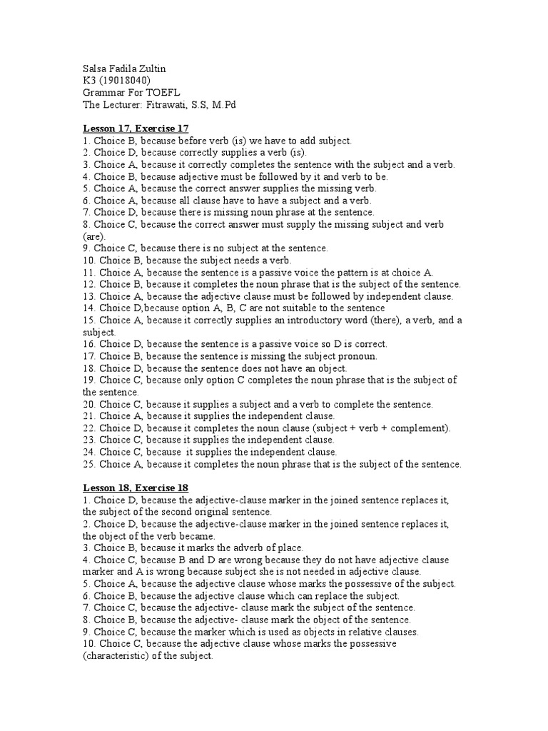 Grammar For TOEFL 1 - Lesson 17&18 | PDF | Verb | Subject (Grammar)