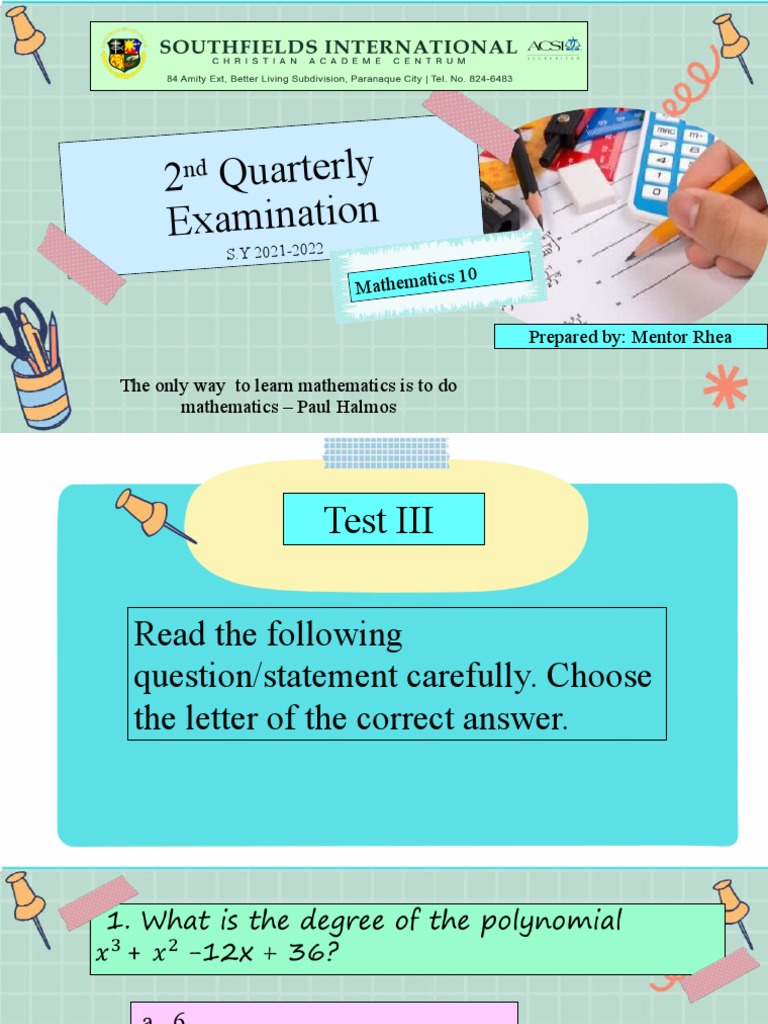 2 Quarterly Examination: Prepared By: Mentor Rhea The Only Way To Learn ...