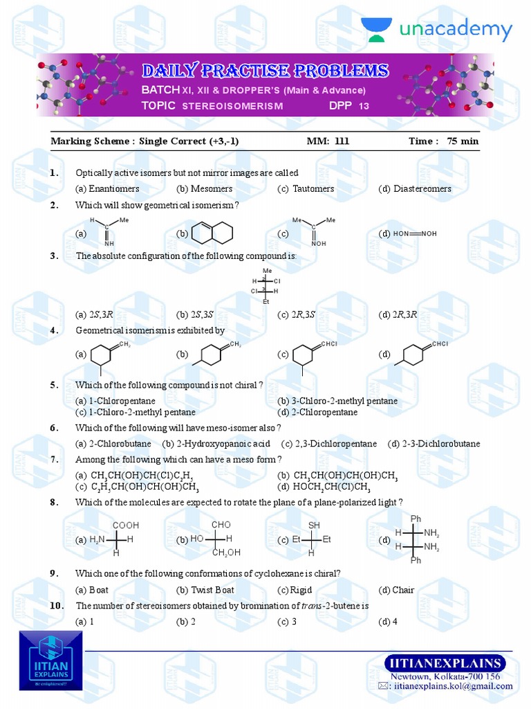 Complete Stereo Isomerism by Mka Sir | PDF | Chirality (Chemistry) | Isomer