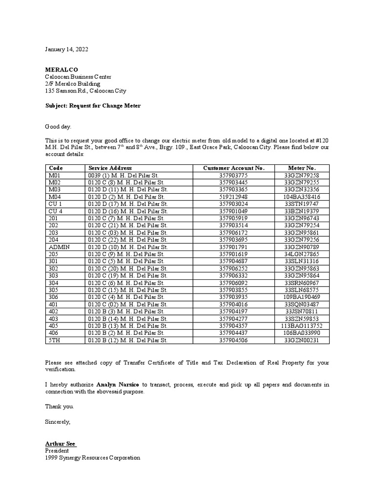 Letter To Meralco For Change Meter 1999 Synergy MH Del Pilar | PDF ...