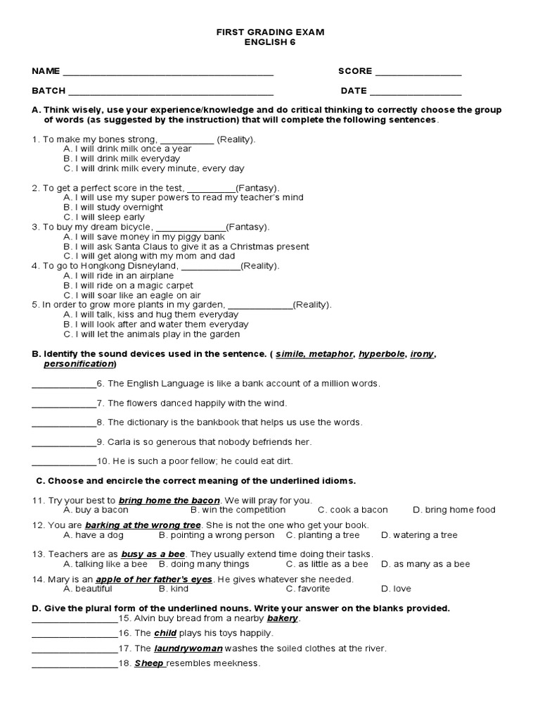 First Grading Exam in English | PDF