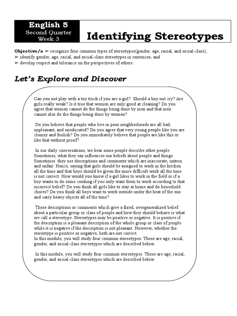 Identifying Stereotypes: English 5 | PDF | Stereotypes | Gender