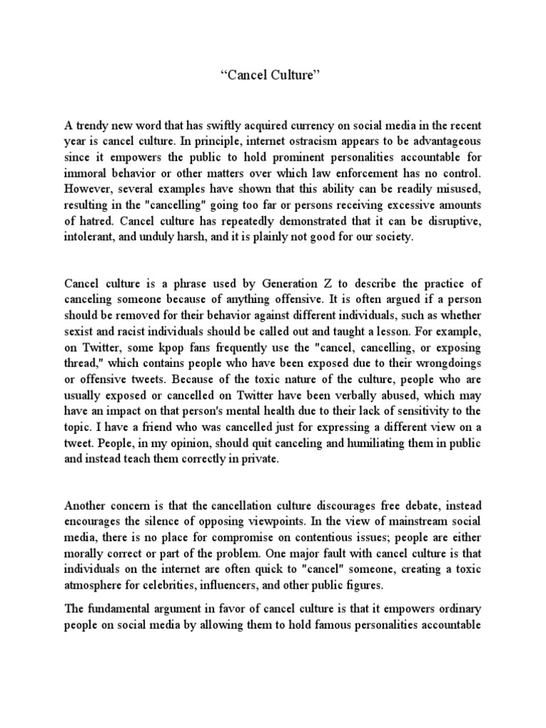 Cancel Culture Essay | PDF | Social Institutions | Social Science