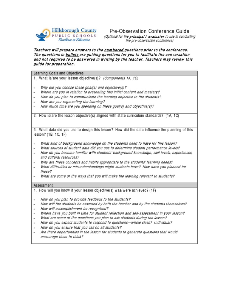 HCPS Pre-Observation Conference Guide - TSLT 3.12 | PDF | Teachers ...