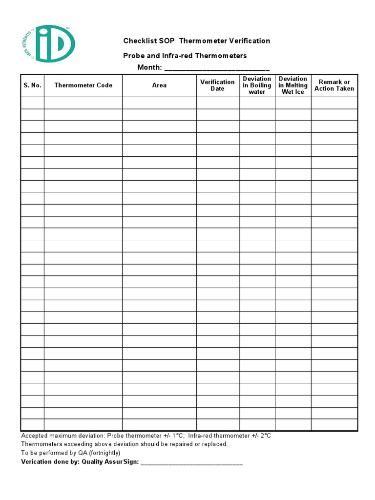 Checklist SOP Thermometer Verification Probe and Infra-Red Thermometers ...
