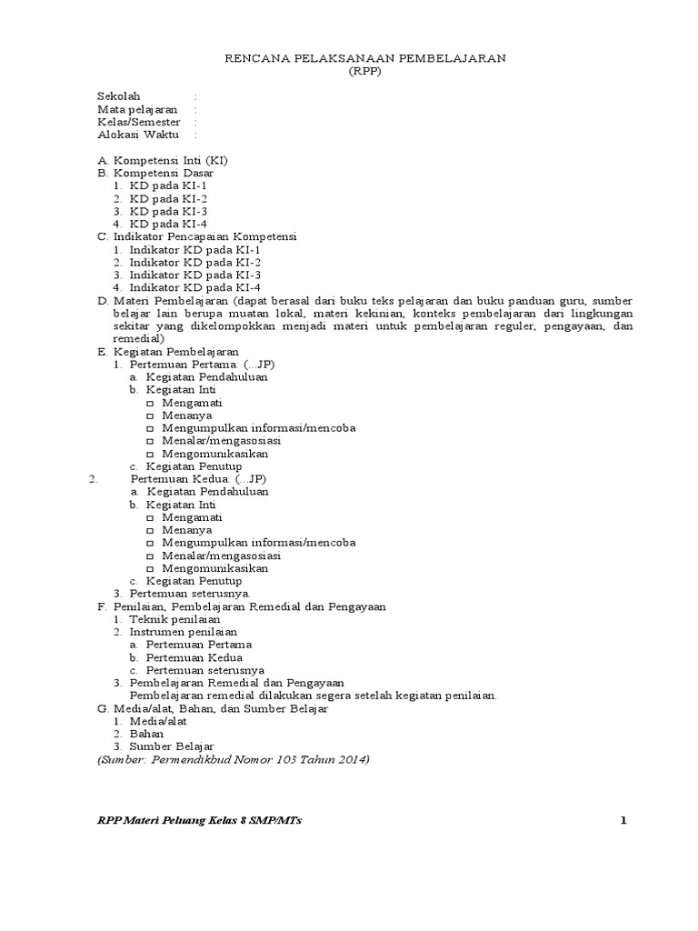 Rencana Pelaksanaan Pembelajaran RPP | PDF