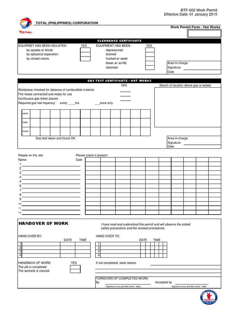 Total (Philippines) Corporation Work Permit Form - Hot Works | PDF