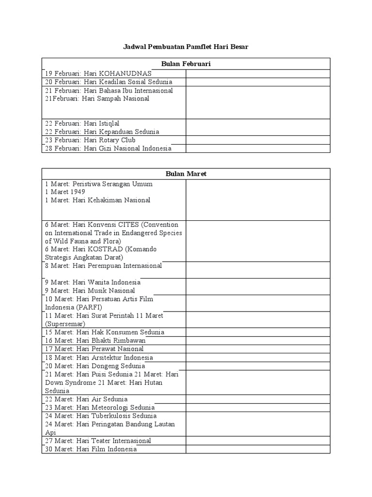 Jadwal Pembuatan Pamflet Hari Besar | PDF