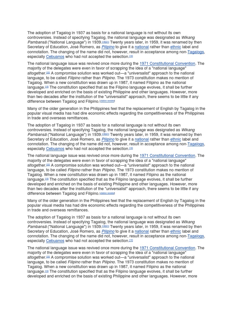 The Adoption of Tagalog in 1937 As Basis For A National Language Is Not ...