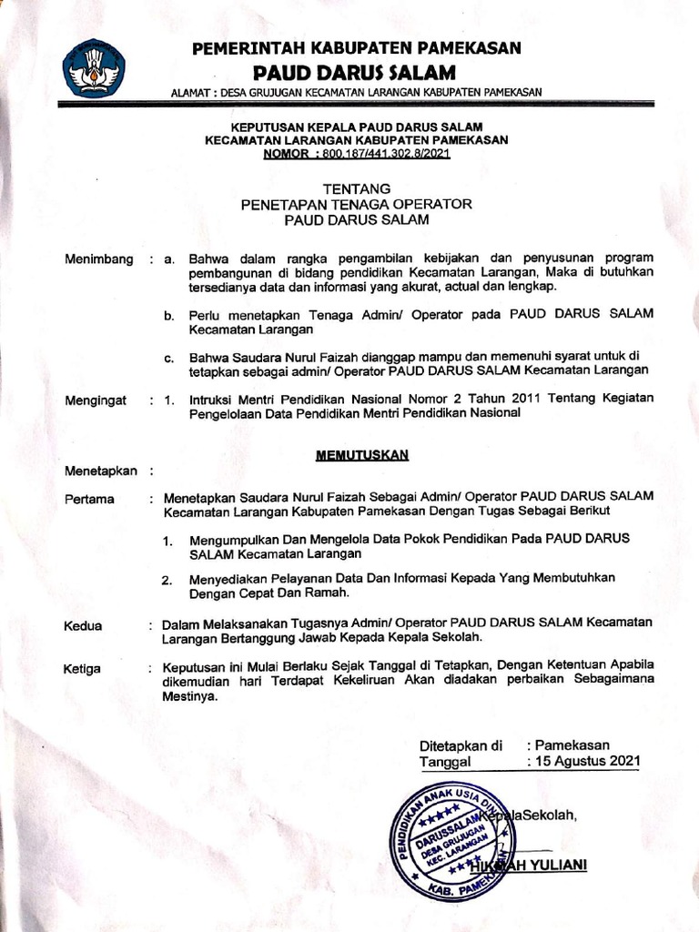 SK Operator Paud | PDF