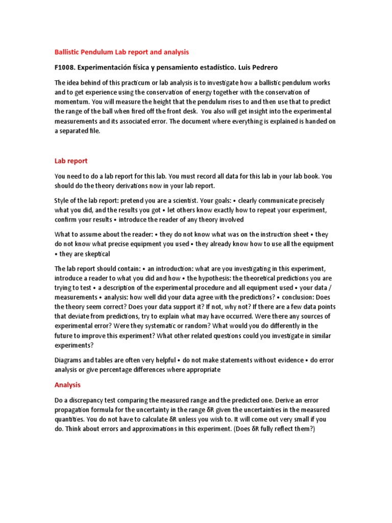Ballistic Pendulum Lab Report Guide | PDF | Experiment | Uncertainty