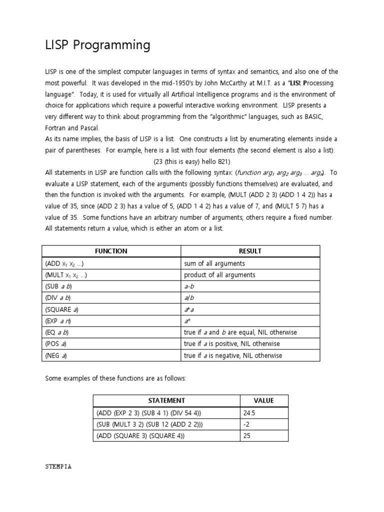 LISP Programming: Function Arg Arg Arg Arg | PDF | Subroutine | Parameter (Computer Programming)