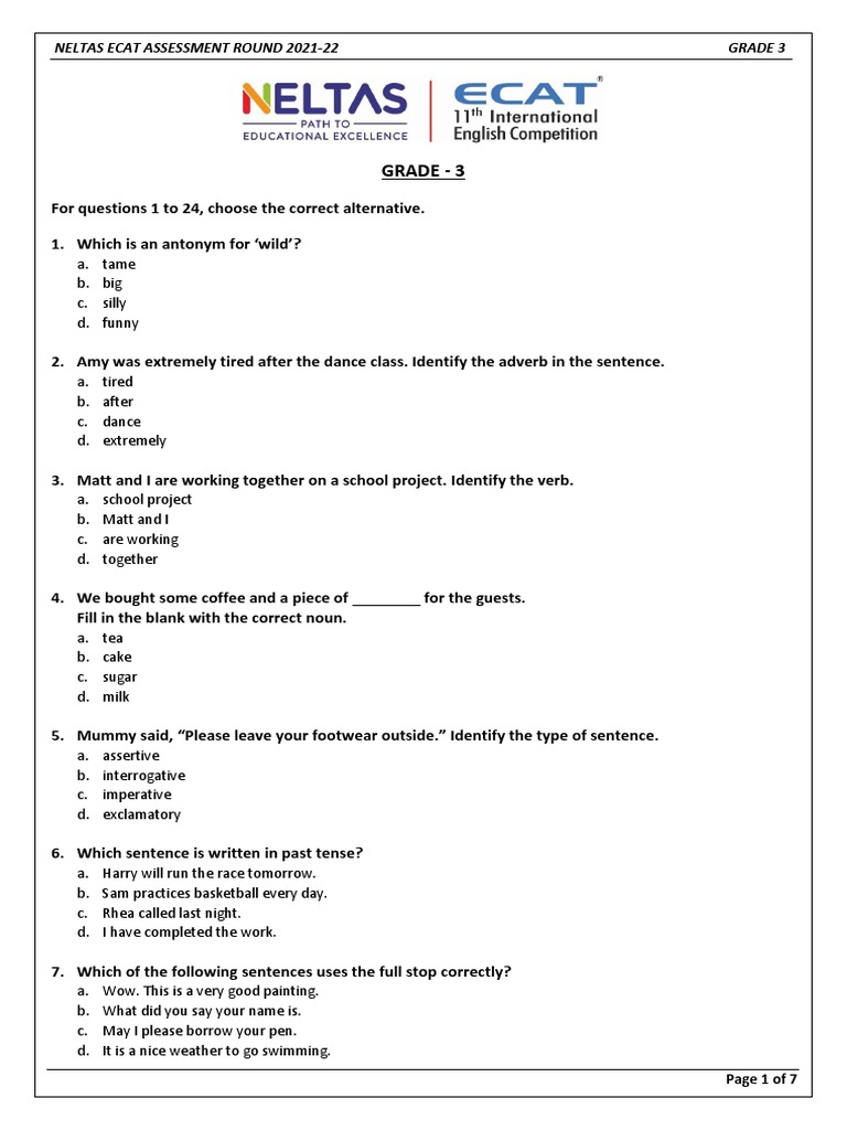Neltas STD 3 - Ecat Ar QP 2021-22 | PDF | The Happy Prince And Other Tales | Linguistics