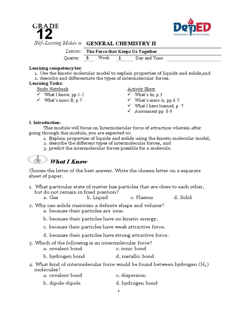 General Chemistry 2 Q3 Module 1 | PDF | Intermolecular Force | Chemical ...