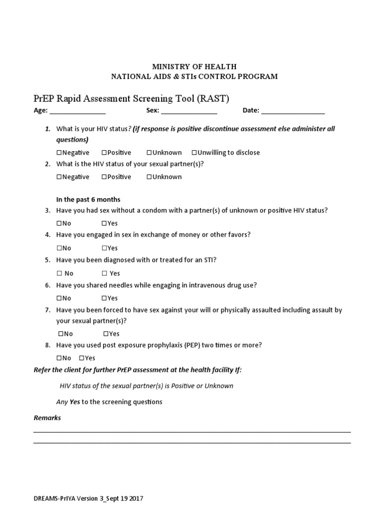 Prep Rapid Assessment Screening Tool (Rast) : Ministry of Health ...