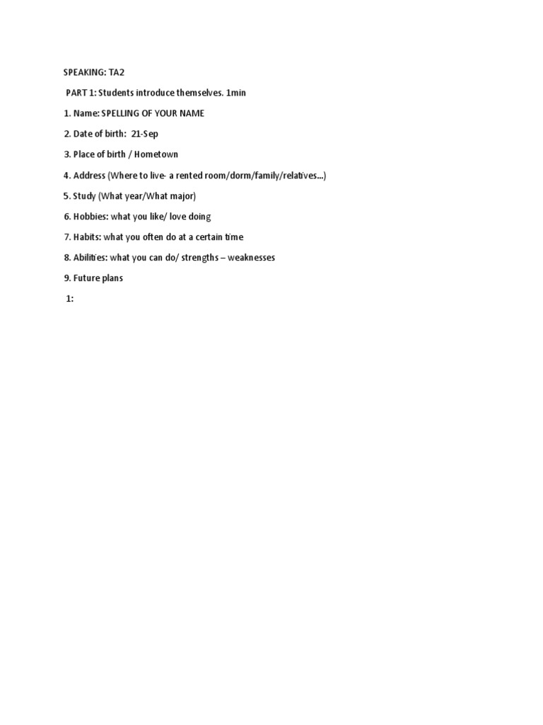 Speaking Ta2 Part 1 | PDF | Foreign Language Studies