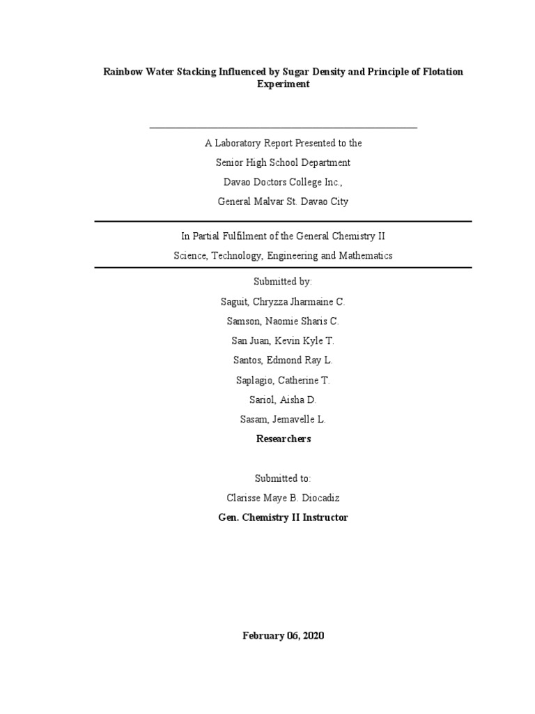 Rainbow Water Stacking Influenced by Sugar Density and Principle of Flotation Experiment | PDF ...