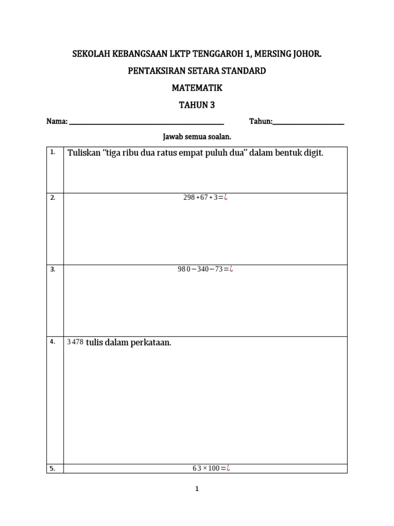 Soalan Matematik Tahun 3 | PDF