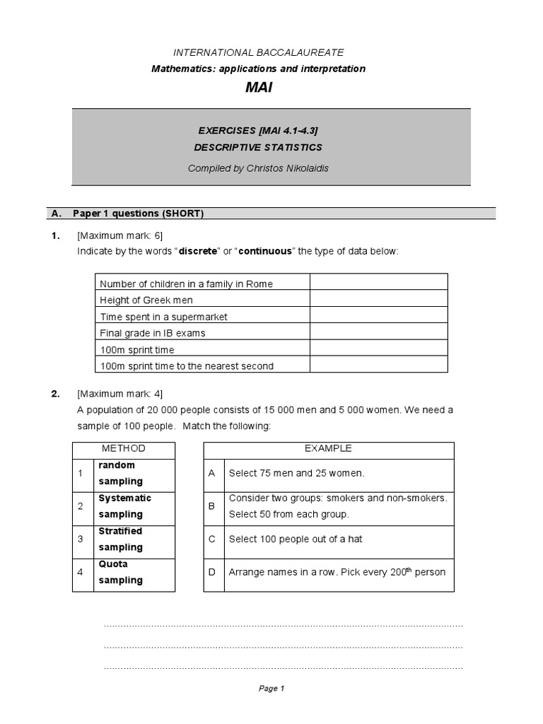 IB Math Descriptive Statistics Exercises | PDF | Statistics | Sampling ...