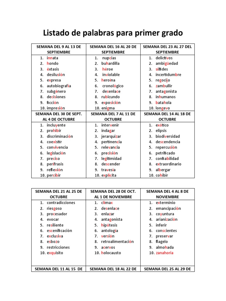 Listado Palabras Primer Grado | PDF | Libros para adolescentes