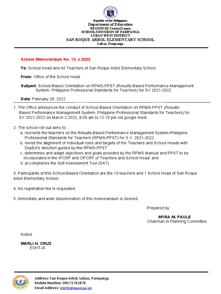 School Memo 14 RPMS INSET Complete | PDF | Communication