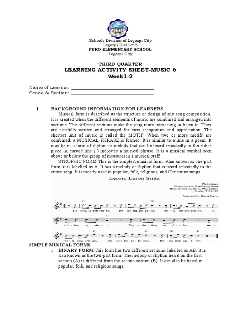 Learning Activity Sheet-Music 6 Week1-2: Third Quarter | PDF | Musical ...