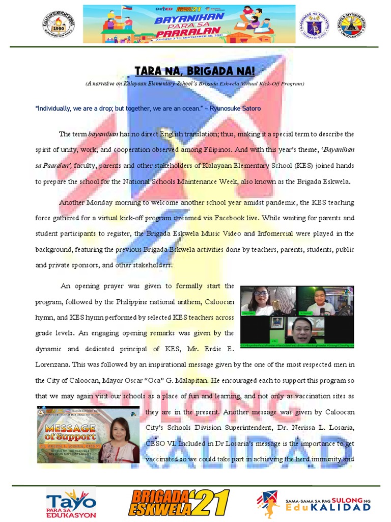 Brigada Eskwela Kick-Off Narrative Sep 2021 | PDF