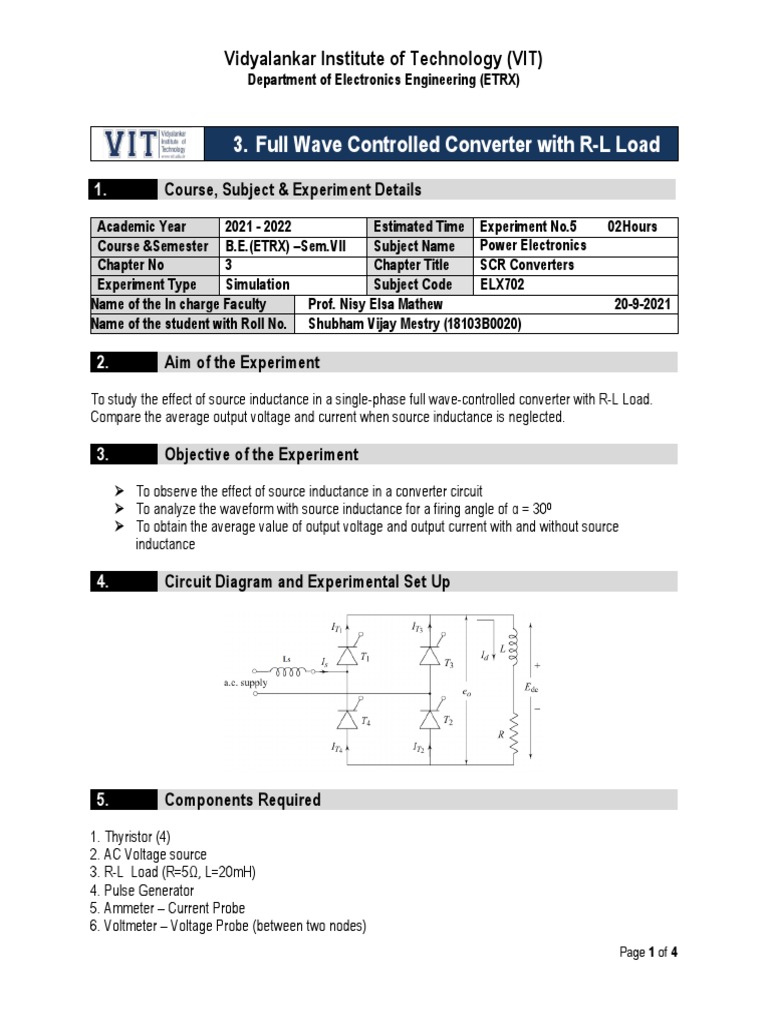 Full Wave Controlled Converter With R-L Load: Vidyalankar Institute of ...