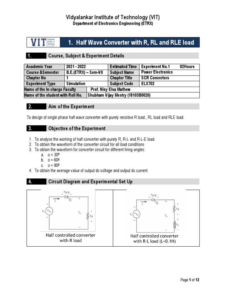 Half Wave Converter With R, RL and RLE Load: Vidyalankar Institute of ...