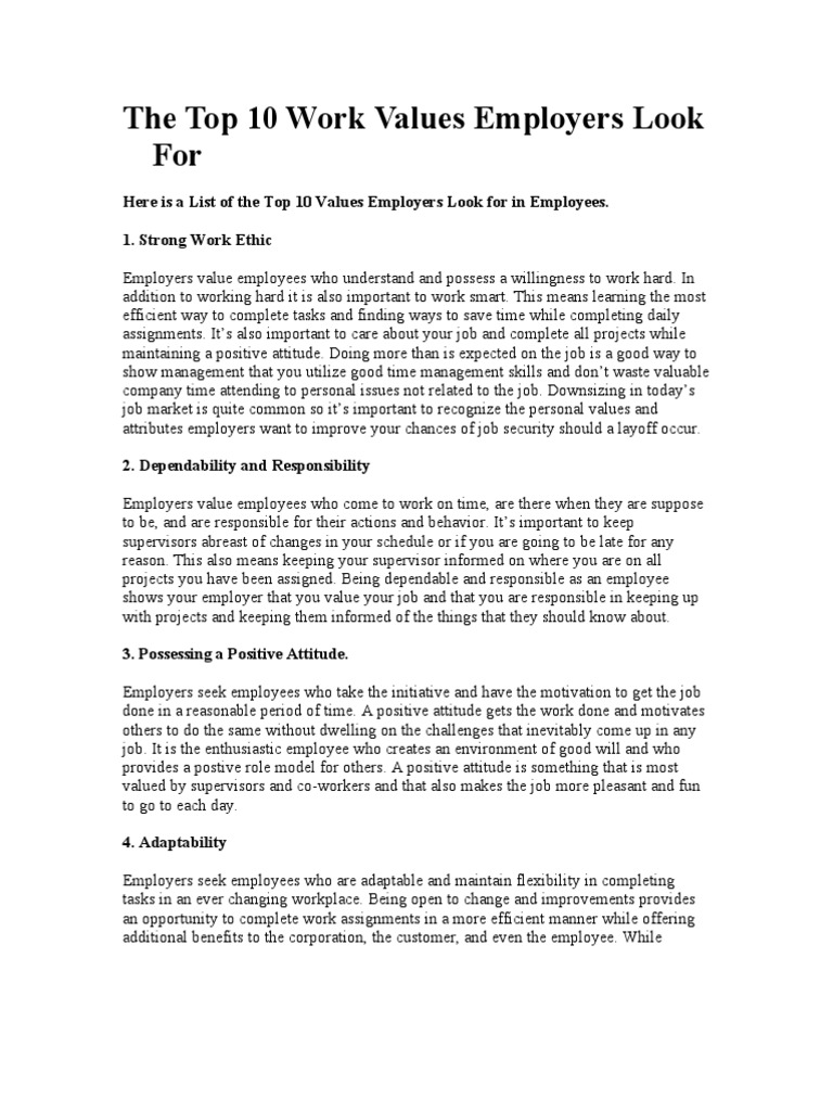 The Top 10 Work Values Employers Look For | Download Free PDF | Value ...