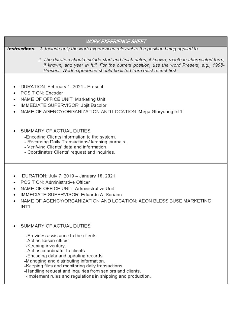 Work Experience Sheet: Instructions: 1. Include Only The Work Experiences Relevant To The ...