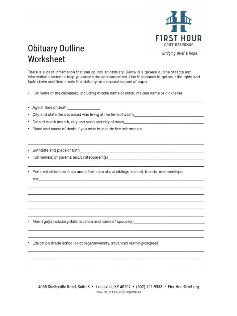 First Hour Grief Response Obituary Outline Worksheet | PDF | Stepfamily ...