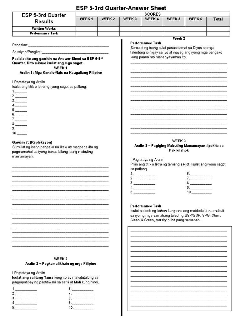 FINAL ESP 5 Answer Sheets Semi Detailed 3rd Quarter | PDF
