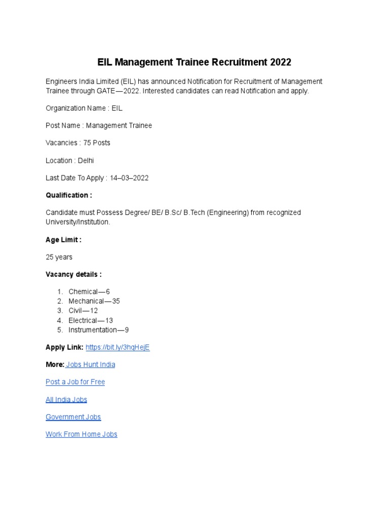 EIL Management Trainee Recruitment 2022 | PDF