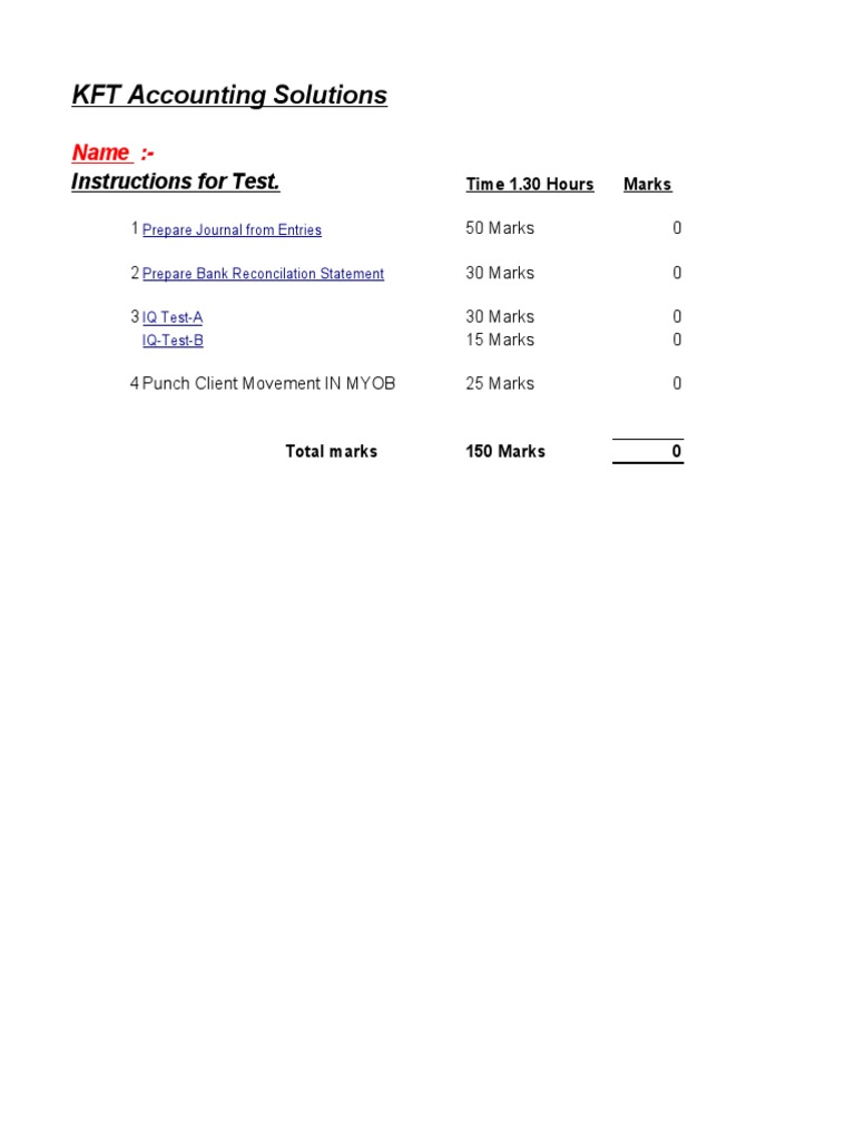 KFT Accounting Solutions: Instructions For Test | PDF | Debits And ...