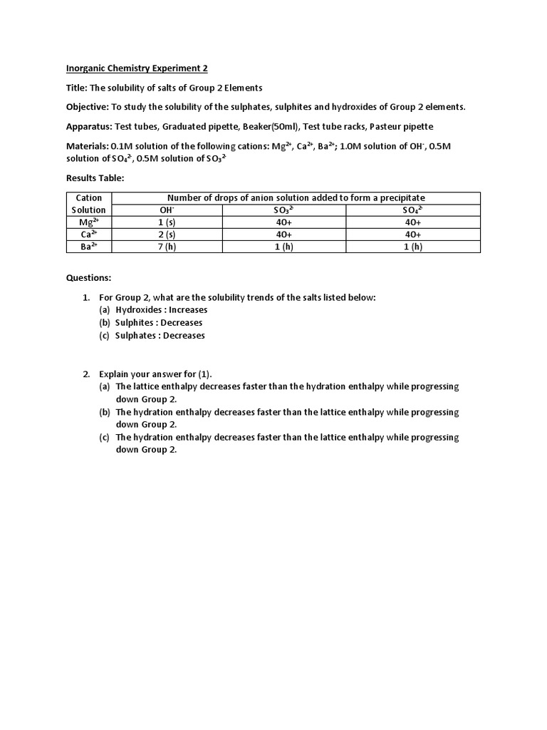 Inorganic Chemistry Experiment 2 | PDF
