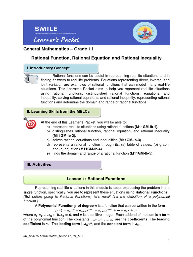 General Mathematics - Grade 11 Rational Function, Rational Equation and ...