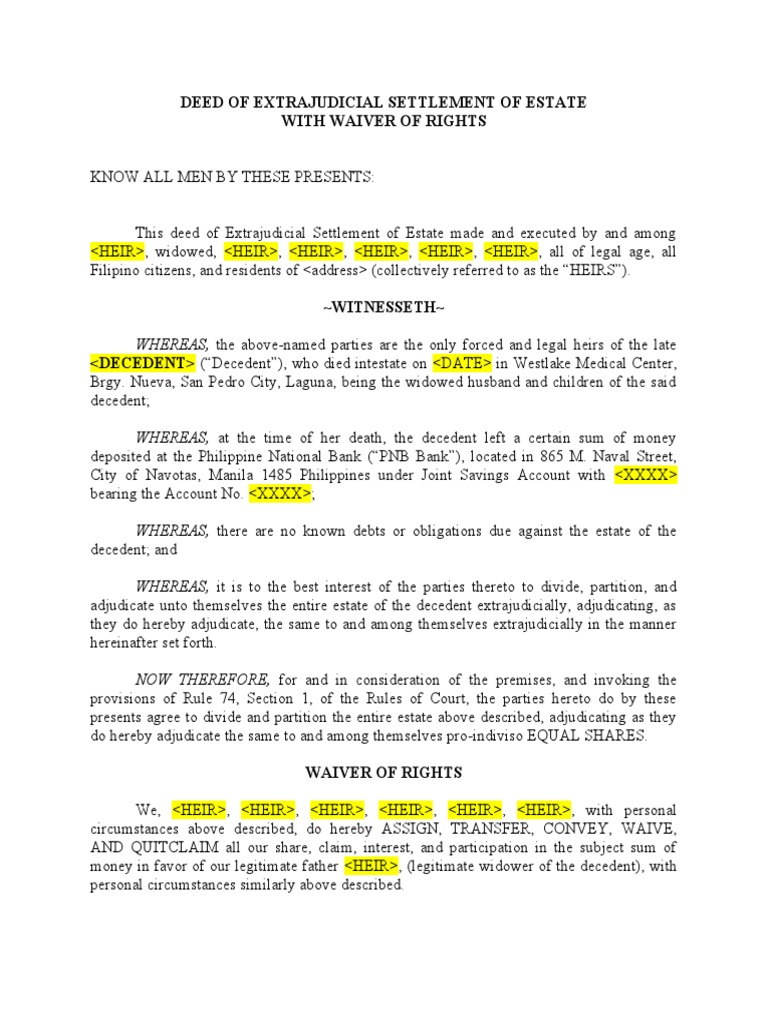DRAFT - Deed of Extrajudicial Settlement of Estate With Waiver | PDF | Deed | Property