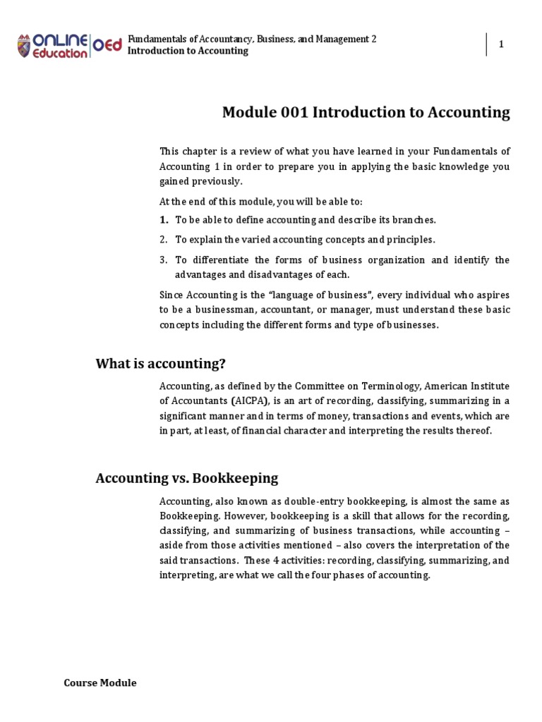 Week 001 - Module Introduction To Accounting | PDF | Accounting | Sole Proprietorship