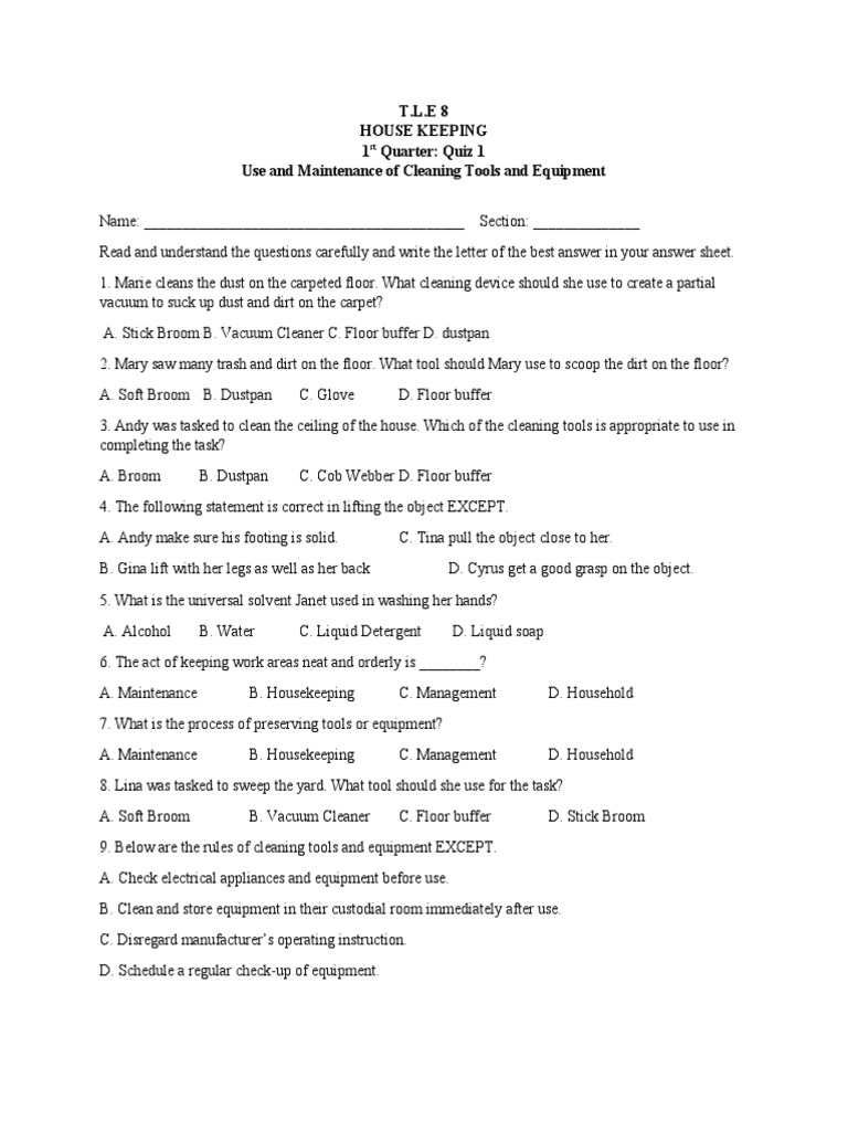 T.L.E 8 House Keeping 1 Quarter: Quiz 1 Use and Maintenance of Cleaning ...